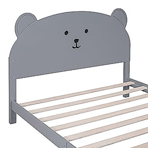 Quarte Cute Full Size Platform Bed with Bear-Shaped Headboard and Footboard, Wooden Bed Frame for Bedroom,No Box Spring Required (Gray/Bear*W)