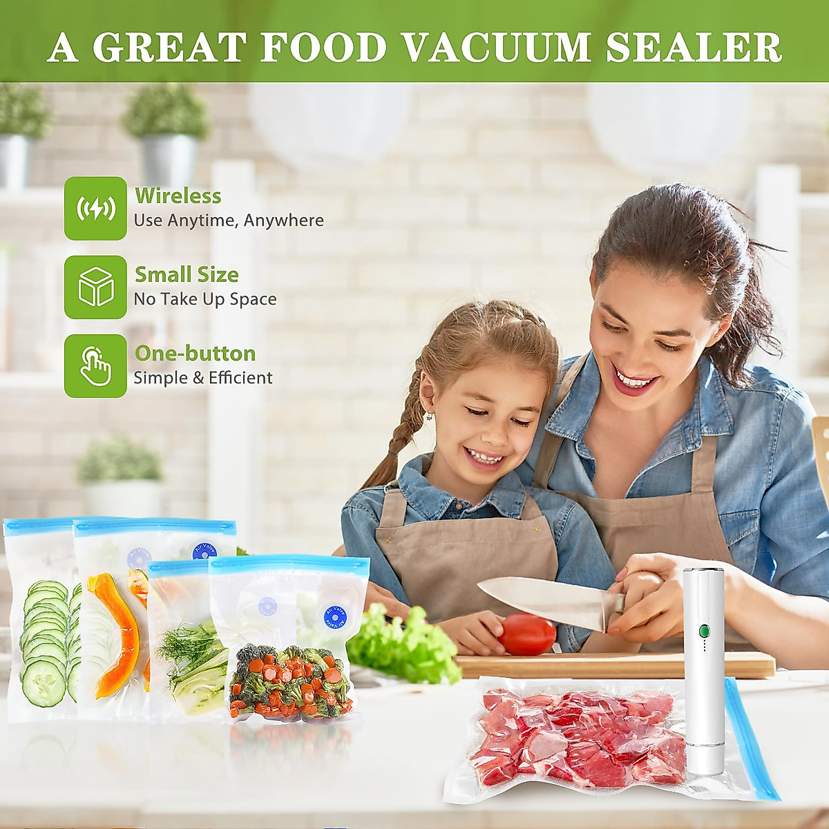 Vacuum Sealer for Food - Cordless Handheld Food Vacuum Saver with 10 Pcs Sealer Bags, Vacuum Sealer Machine for Food Preservation & Fresh - White