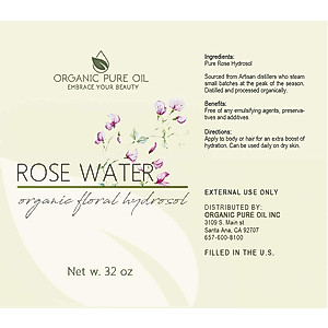 32 oz Rose Hydrosol Water – 100% Pure Rosewater Spray Mist Bulk – Hydrating Face Toner Rose Water for Skin and Hair Linen Spray for Sheets Room Freshener Body Spray Refill by Organic Pure Oil