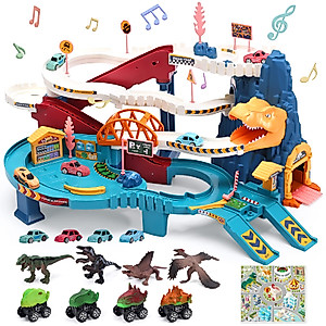 CUTE STONE Race Track Playset with 4 Mini Cars, 4 Dino Pull Back Cars, Dinosaur Figures, Educational Toy Vehicle Playset for 3-5 Year Old Kids