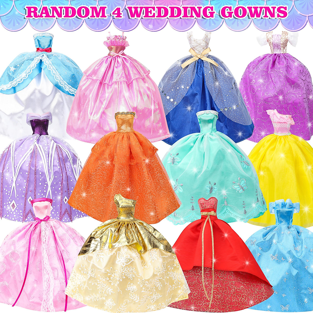 Style Shine 50 Pack Doll Clothes and Accessories, 4 Wedding Gowns 2 Evening Dresses 6 Fashion Dresses 6 Set Casual Outfits Top and Pant 2 Swimsuit Bikini, 20 Hanger 10 Shoe Toys for Girl Birthday Gift