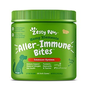 Zesty Paws Allergy Immune Soft Chews + Hemp Seed for Dogs - with Turmeric, Cod Liver Fish Oil, Beta Glucan, Vitamin C & Quercetin - Supports Dog Immune System Function + Seasonal Allergies - 90 Chews