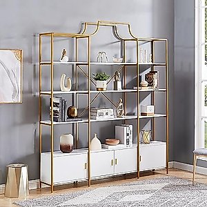 Aiuyesuo 78 Inch 4 Tiers Home Office Bookcase Bookshelf, Modern Storage Cabinet Display Shelf with Open Shelves and X Bar Gold Frame, Freestanding Staggered Storage Shelf with 4 Doors for Home Office
