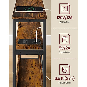 VASAGLE Side Table with Charging Station, Narrow End Table, 3-Tier Nightstand, Sofa Table for Small Spaces, Magazine Rack, for Living Room, Bedroom, Study, Rustic Brown and Ink Black ULET335K01