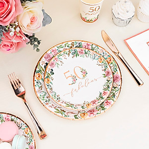 Crisky 50th Birthday Napkins and Plates for Women Rose Gold Floral Party Decoration, 50 and Fabulous Plates and Napkins for Women 50th Birthday.