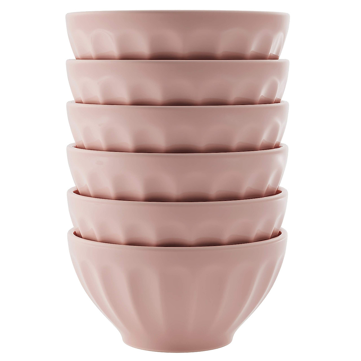 KooK Ceramic Cereal Bowl Set, Kids Breakfast Bowls, Fluted, Microwave and Dishwasher Safe, Kitchen Bowls, For Soup, Pasta, Salad, Dessert, 20 oz, Set of 6 (Dusty Pink)