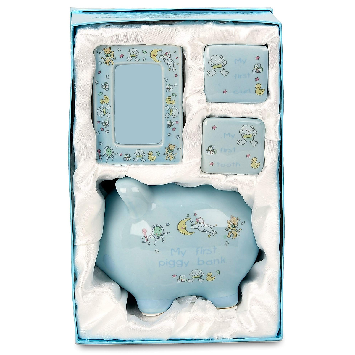 BRUBAKER My First Piggy Bank Gift Set for Baby Boy - 4 Pcs Keepsake Gift Set Includes Piggy Bank, First Curl, First Tooth and Photo Frame - Blue