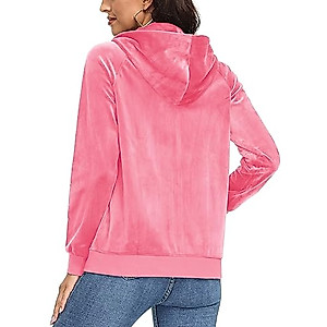MAGCOMSEN Women's Velvet Hoodie with Side Pockets Velour Long Sleeve Outerwear Velour Fleece Jacket Fluorescent Pink L
