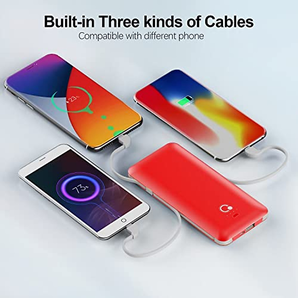 10000mAh Portable Charger, Ultra Slim Power Bank,4 Output External Battery Pack with Built-in AC Wall Plug Micro and USB C Three Cables Compatible with All mobilephone