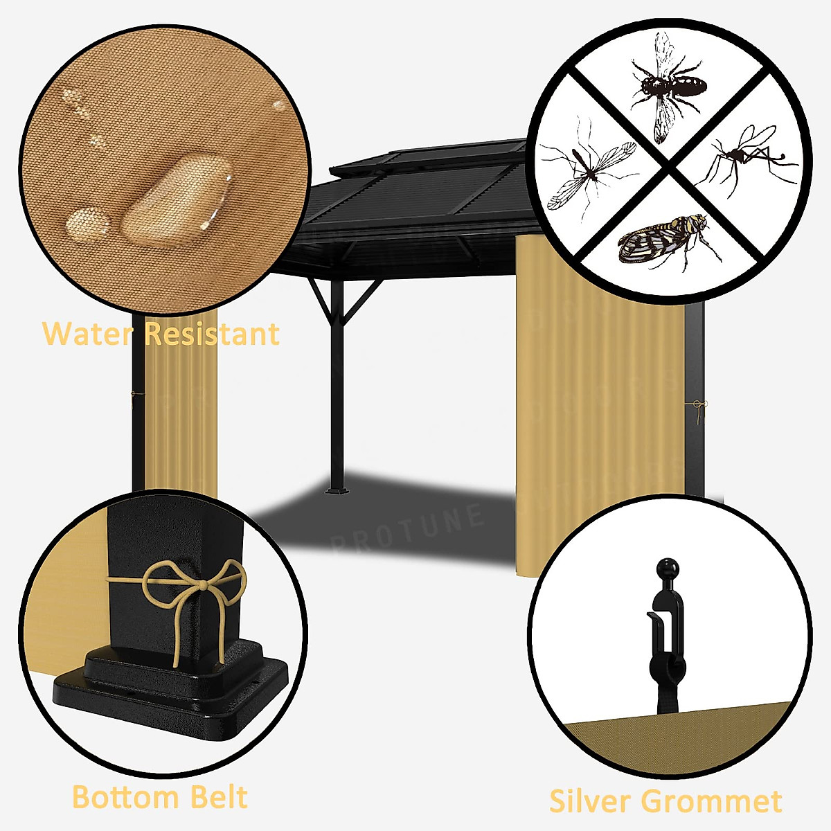SunCula Replacement 10'x12'- One Panel Gazebo Curtain Waterproof, Universal Privacy Shade Curtains Side Wall with Zipper for Patio, Backyard, Garden 10'x12' or 12'x12' Outdoor -Khaki(Only Curtains)