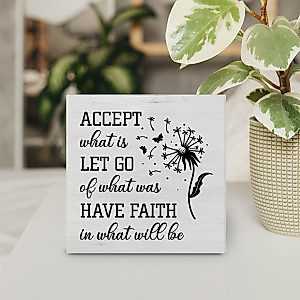 YIDOU Inspiration Dandelion Wood Box Sign Decor Desk Sign Accept What is Let Go of What was Have Faith in What Will be Wooden Box Block Sign Rustic Home Living Room Shelf Wall Decoration