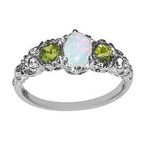 LetsBuyGold 10k White Gold Real Genuine Opal and Peridot Womens Trilogy Engagement Ring - Size 6