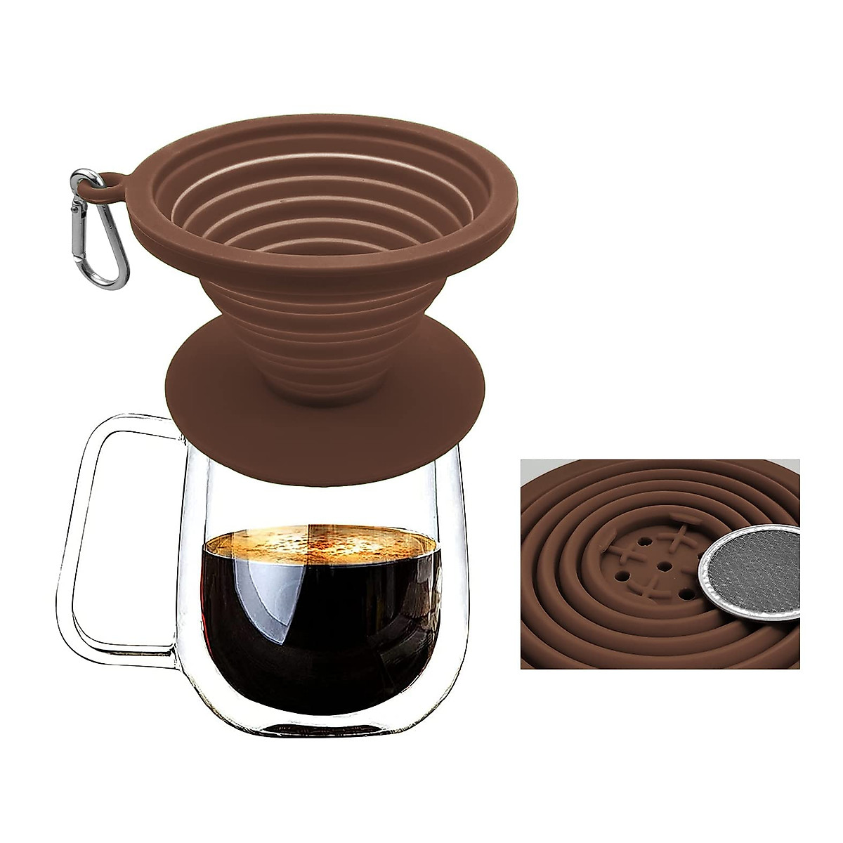 Collapsible Coffee Dripper Pour Over Coffee Filter, Silicone Reusable Coffee Maker,Paperless Coffee Brew Maker,Dishwasher Safe,Carabineer for Hiking, Backpacking,Camping,Home,Office(Brown)