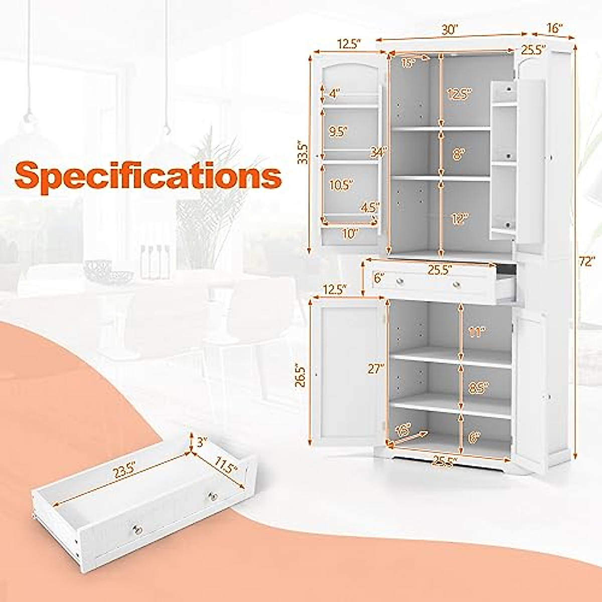 SILKYDRY 72" Tall Kitchen Pantry Cabinet, Freestanding Cupboard w/ 4 Doors & 1 Drawer, 6 Hanging Shelves & 4 Adjustable Shelves, Versatile Storage Cabinet for Dining Room, Laundry, Living Room, White