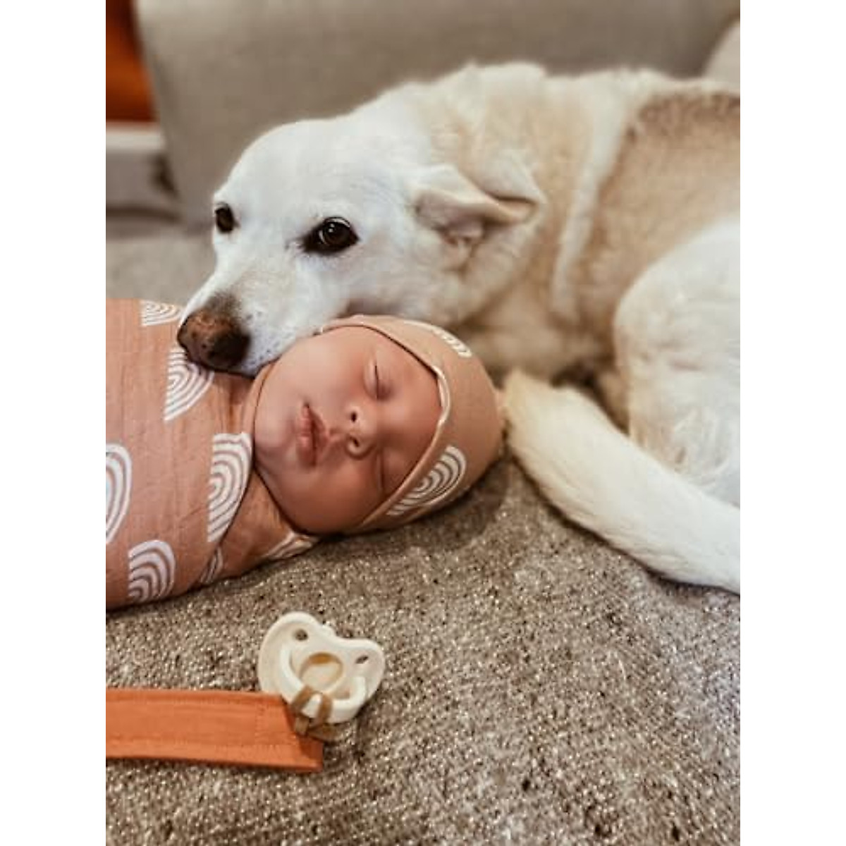 Miaoberry 100% Organic Cotton Muslin Baby Swaddle Blanket Set | Caramel Rainbow| Newborn Girl Unisex Neutral| Boho Vintage Rainbow Baby| Matching Hat Bow |