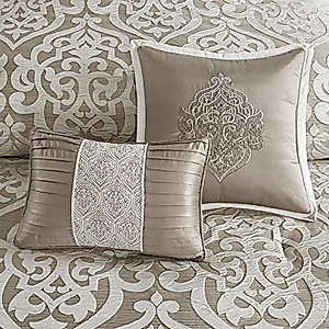 Madison Park Odette Cozy Comforter Set Jacquard Damask Medallion Design - Modern All Season, Down Alternative Bedding, Shams, Decorative Pillow, King(104 in x 92 in), Tan 8 Piece