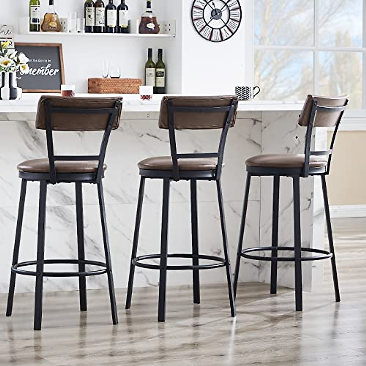 MNEETRUNG Bar Stools Set of 2，Counter Height Bar Stools with PU Leather，28 Inches Modern Barstools with Back and Footrest for Dining Room Kitchen Counter Bar,Brown