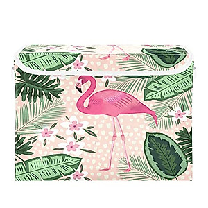 Kigai Tropical Pink Flamingo Storage Bins with Lids and Handles 17x13x12 In Foldable Fabric Storage Basket Toys Clothes Organizer for Shelves Closet Home Bedroom Office