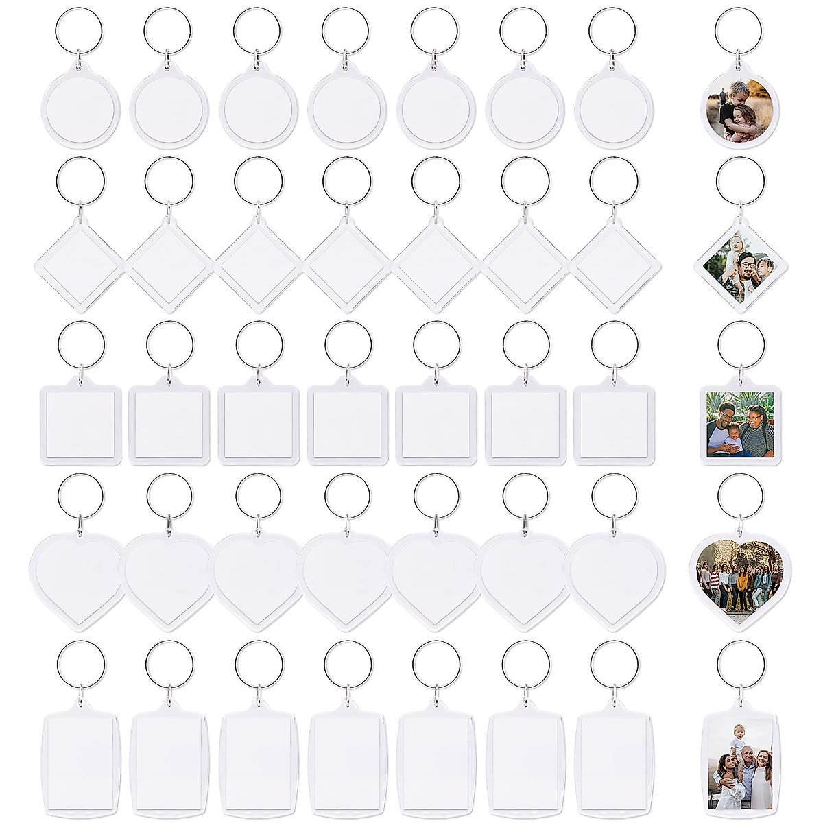 Mardatt 40Pcs Clear Acrylic Blank picture Photo frame keychain Personalized photo insert keychain bulk, Rectangle, Heart-Shaped, Round, Square and Rhombus Great for Personalized Keychains DIY Gift