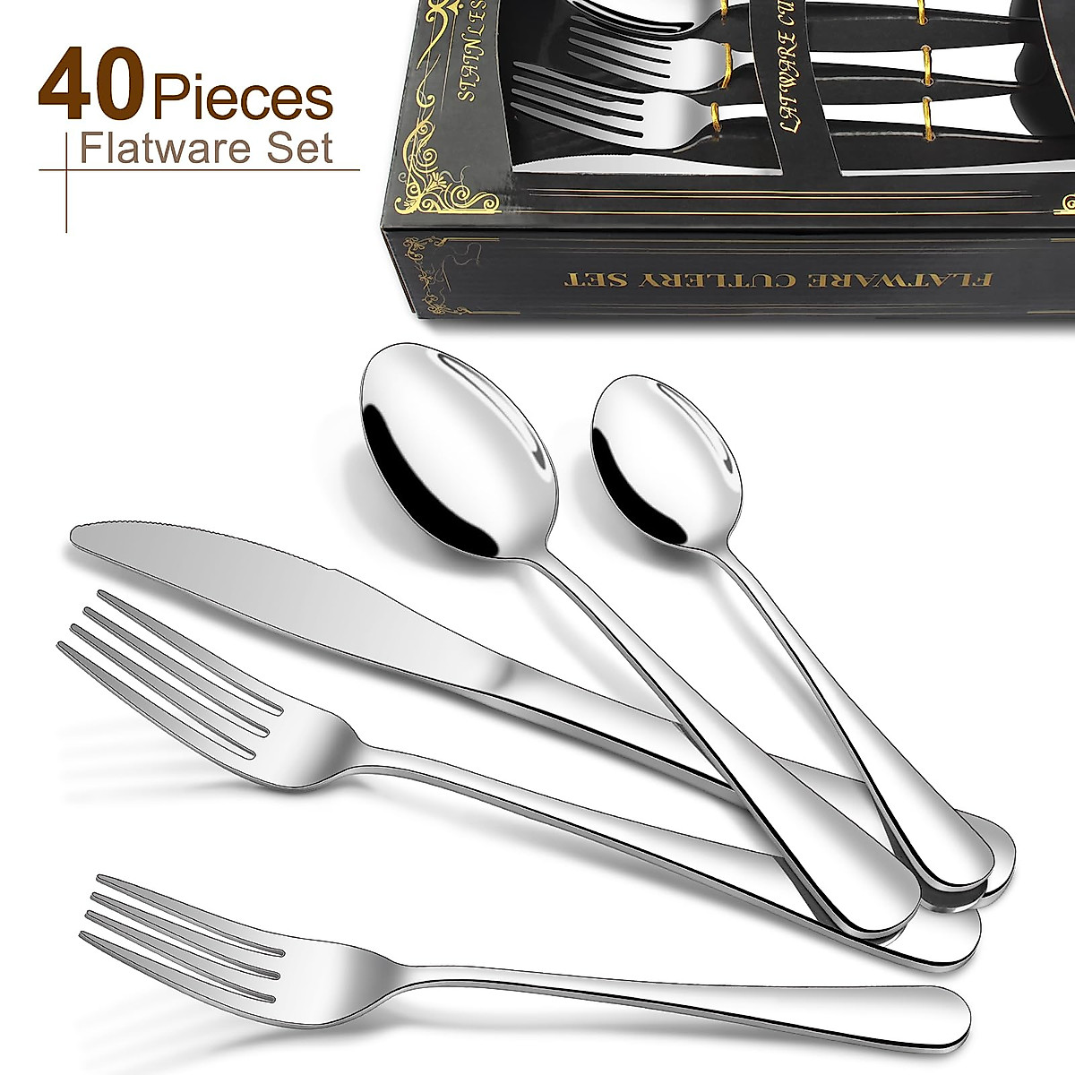 40-Piece Silverware Set Service for 8, Stainless Steel Flatware Cutlery Set, Kitchen Tableware Set, Utensil Set for Home and Restaurant, Knives Forks Spoons Set, Mirror Polished, Dishwasher Safe