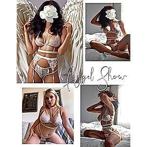 Avidlove Women Lingerie Set Lace with Garter Belts Sexy Teddy Babydoll Bodysuit(NO Stockings), White, Small