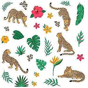WOYINIS Leopard Cheetah Jaguar Wall Decal Stickers DIY Palm Leaves Plants Flowers Wall Decals Removable Peel & Stick Tropical Wall Decals for Living Room Bedroom Playroom Classroom Nursery Wall Decor