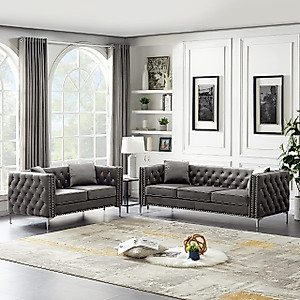 TZXTW Modern Velvet Sofa Set, 5 Seater Couch Sofa with 2-seat Loveseat and 3-seat Sofa, Convertible Sectional Sofa with Jeweled Buttons and 4 Pillows, for Living Room,Office,Apartment,Studio,Grey