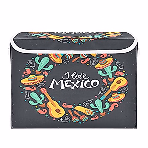 Kigai Mexico Pattern Storage Basket with Lid Collapsible Storage Bin Fabric Box Closet Organizer for Home Bedroom Office 1 Pack