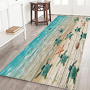 Long Runner Rug for Hallway,Sea Turtles and Starfish at Ocean Sandy Beach on Rustic Vintage Wood Panels,Area Rug Non-Slip Floor Carpet for Bedroom Indoor Doormat Washable Entrance Door Mat,Teal