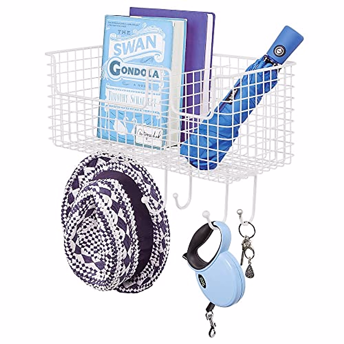 mDesign Metal Wire Farmhouse Wall Decor Storage Organizer Divided Basket with 6 Hooks for Entryway, Hallway, Mudroom, Bedroom, Bathroom, Laundry Room - Wall Mount - White