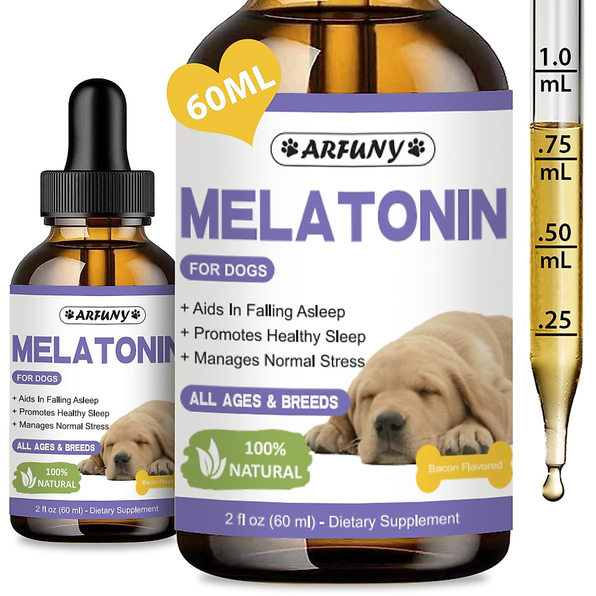 Melatonin for Dogs | 60ML Natural Calming for Dogs Anxiety & Stress with Melatonin, Valerian, Ashwagandha & L-Theanine | Liquid Melatonin for Dogs Helps with Sleep, Thunder, Fireworks | 2 oz, Bacon