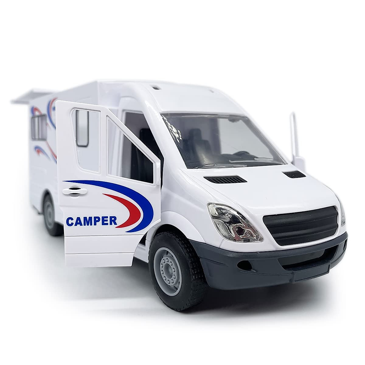 Toy Camper RV Motorhome Toys for Boys Toy Car Model Cars Recreational Vehicle Holiday Travel Adventure, Friction Powered, Roof and Doors Open, Light Sound, 3 4 5 6 Years Old Kids Girls Gifts, white