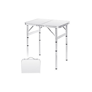 Moosinily Small Folding Table 2FT Foldable Camping Table Portable Picnic Table Metal 4 Height Adjustable Outdoor for Beach BBQ White 23.6×15.7 inch