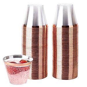 PLASTICPRO 9 oz Disposable Plastic Party Cups,Old fashioned Designed Tumblers, Crystal Clear (Clear With Rose Gold Rim, 100)