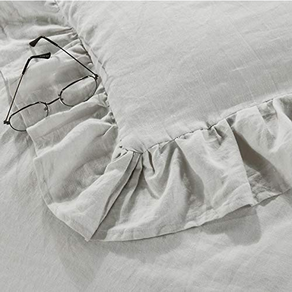 meadow park 100% Stone Washed French Linen Duvet Cover Set 3 Pieces - Super Soft,King 104 inches x 92 inches - Shams 20 inches x 36 inches, Ruffled Style - Button Closure - Corner Ties, Light Grey