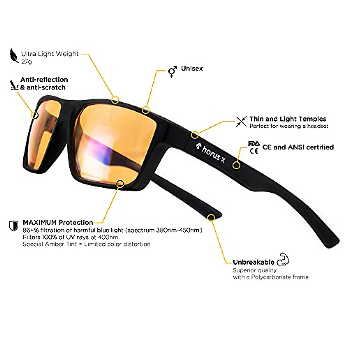 Horus X • Blue Light Blocking Gaming Glasses - Professional Screen Filter Anti Glare Fatigue Eyestrain Men and Women | Amber