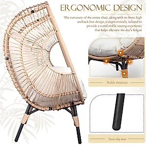 Brafab Stationary Egg Stand, Oversized Large Wicker Lounger with 8" Thick Cushion and 500 lbs Capacity, Heavy Duty Steel Frame, Rattan Basket Chair for Outdoor Patio Backyard (Natural), Cross Weave