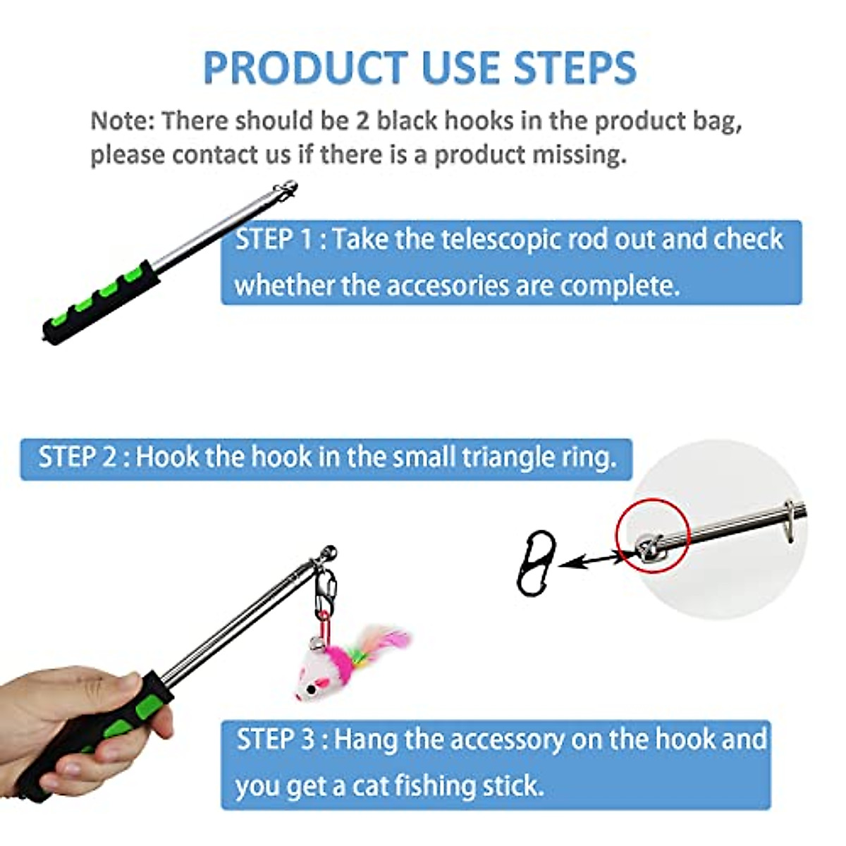 Whefory Retractable Cat Fishing Pole, Cat Toys Wand for Indoor Cats, Cat Fishing Rod for Kitten with 11 Pcs Refills(Feather&Mice)