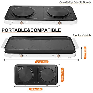 AEWHALE 2-in-1 Electric Griddle & Countertop Burner,2 Cooking Zone with Adjustable Temperature,1800W Electric Hot Plate with Removable Griddle Pan Non-stick