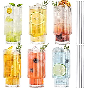Claplante Drinking Glasses, Origami Style 6 pcs Glass Cups with straw, 11oz Highball Glasses, Elegant Ripple Vintage Glassware, Ribbed Glasses, Iced Coffee Glasses Ideal for Cocktail Whiskey, Juice