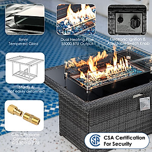 RADIATA PE Wicker Patio Furniture Set Sectional High Back Large Size Sofa Sets with Propane Fire Pit Table 55000 BTU Balcony Rattan Lounge Conversation Sets for Outdoor (7 Pieces,Light Gray)