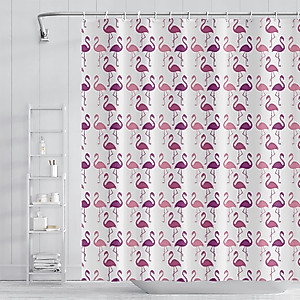Umpoo Flamingo Checkered Bathroom Shower Curtain Tropical Pink Purple Flamingos Pattern Shower Curtain with Hooks Waterproof Fabric Polyester Shower Curtain for Girly Bath Decorative, 72x72 Inch