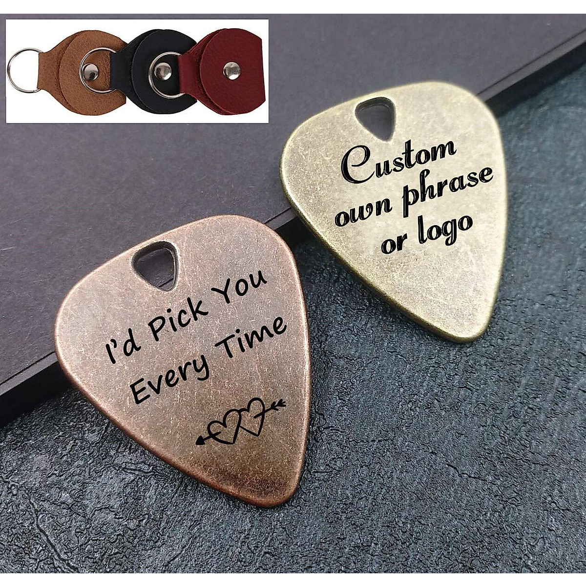 JUPPE Bronze Guitar Picks & Bass Picks, I'd Pick You Every Time Guitar Pick With Leather Case Birthday Music Gifts For Him Her or Couples (I'd Pick You Every Time)