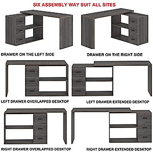 HSH L Shaped Desk with Drawers, L Shape Computer Desk with Storage Cabinet Shelves, Reversible Modern Industrial Home Office Corner Desk, Rustic Wood Executive Writing Gaming Study Table, Gray 55 Inch