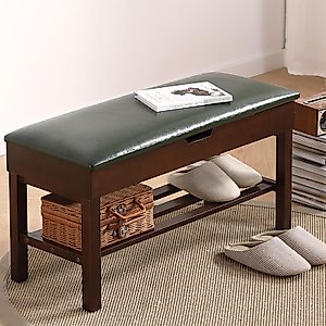 Buzleer Solid Wood Shoe Bench with Lift-Up Cushion Storage 2-Tier Shoe Rack for Front Door Entrance Hallway Benches with Hidden Storage (Walnut Green, 31.5in)