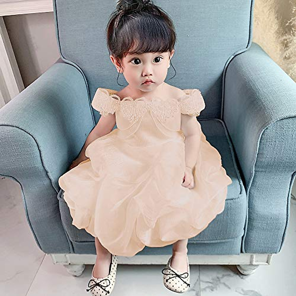 6M-5T Sequins Embroidered Lace Shoulder Off Princess Dress Toddler Baby Girls Wedding Bridesmaid Party Dresses Golden 70
