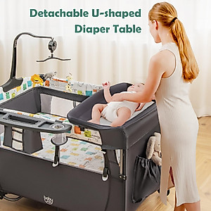 BABY JOY 5-in-1 Pack and Play, Baby Bedside Sleeper with Bassinet, Multifunction Bedside Crib from Newborn to Toddlers, U-Shaped Diaper Changer, Playard, Safety Strap, Music Box & Hanging Toys