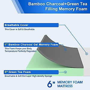 PayLessHere 5/6 Bamboo Charcoal Gel Infused Memory Foam Mattress/Medium Firm Mattresses/Green Tea Memory Foam Mattress/Pressure Relieving/CertiPUR-US Certified/Bed-in-a-Box (6 Inch, Queen)