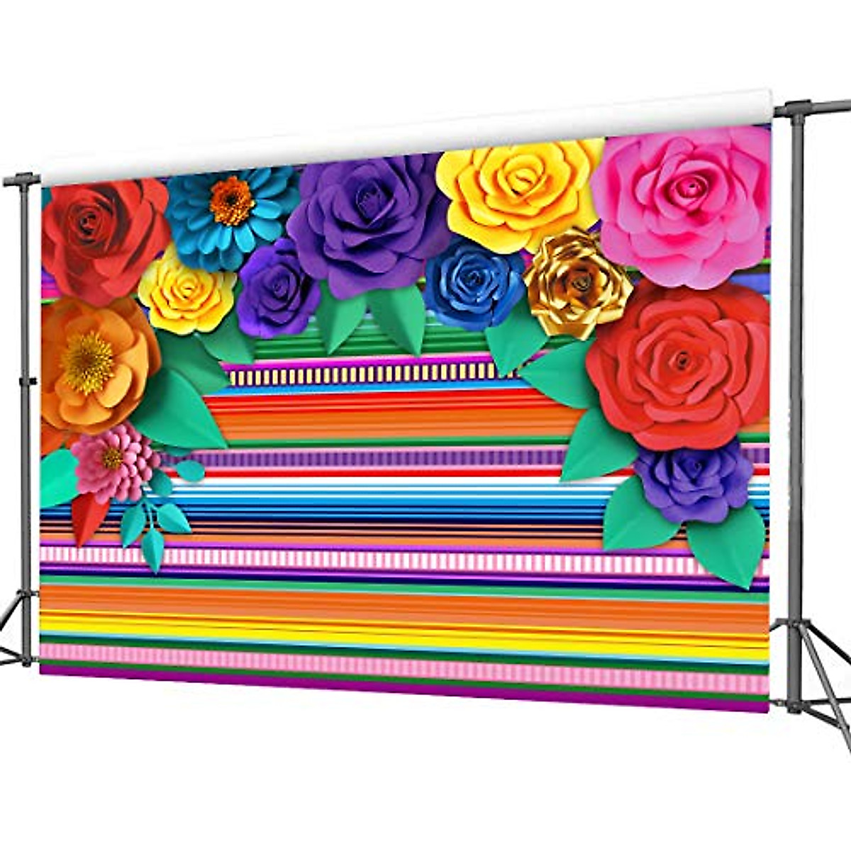 Mexican Theme Party Striped Backdrop Fiesta Cinco De Mayo Paper Flowers Background Party Decoration for Cake Table Decor Photo Booth 7X5FT 071