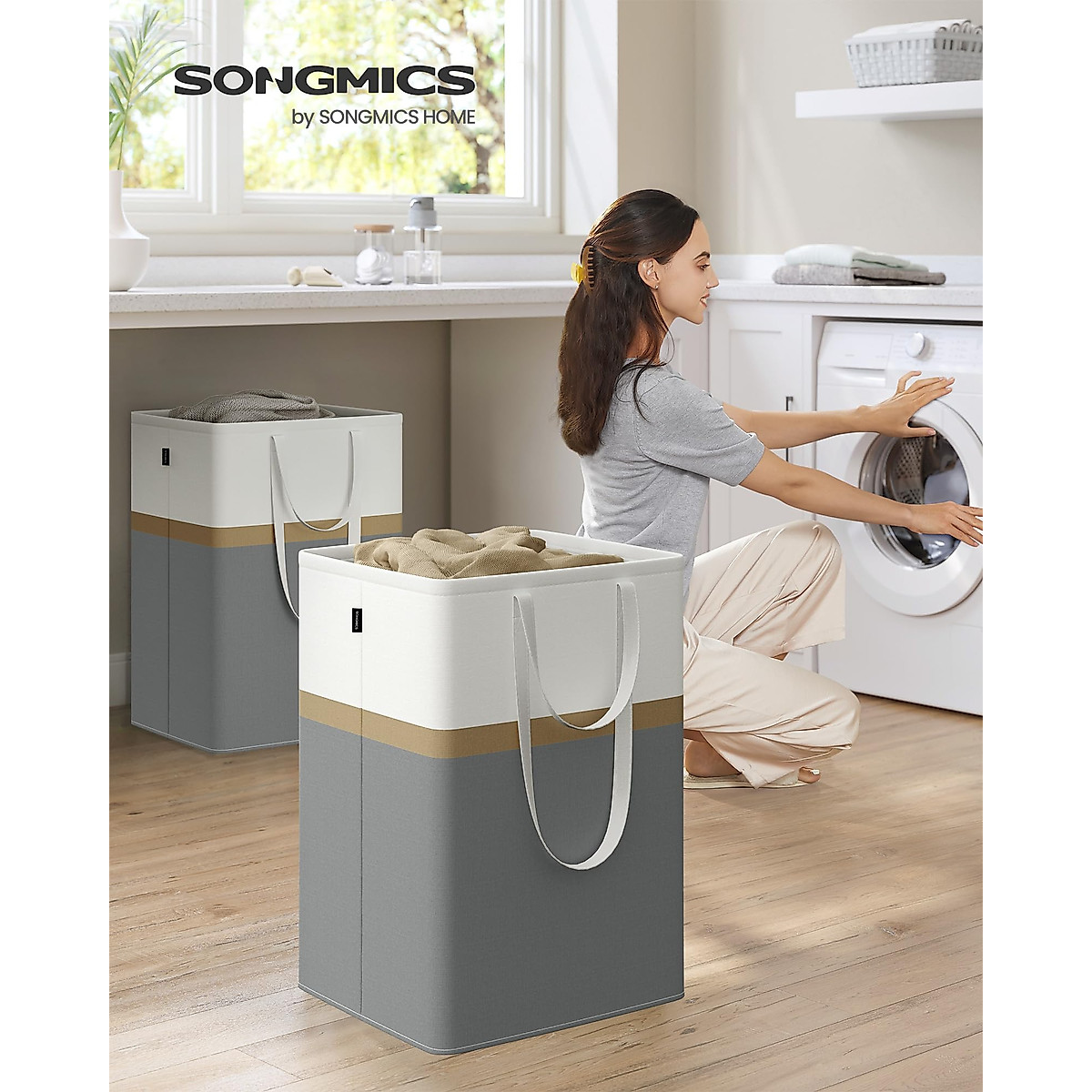 SONGMICS Set of 2 Laundry Hamper, 110 L Foldable Laundry Basket, Laundry Bag with Short and Long Handles, Easy to Transport and Clean, Freestanding, for Bedroom, Bathroom, Slate Gray ULCB210G01